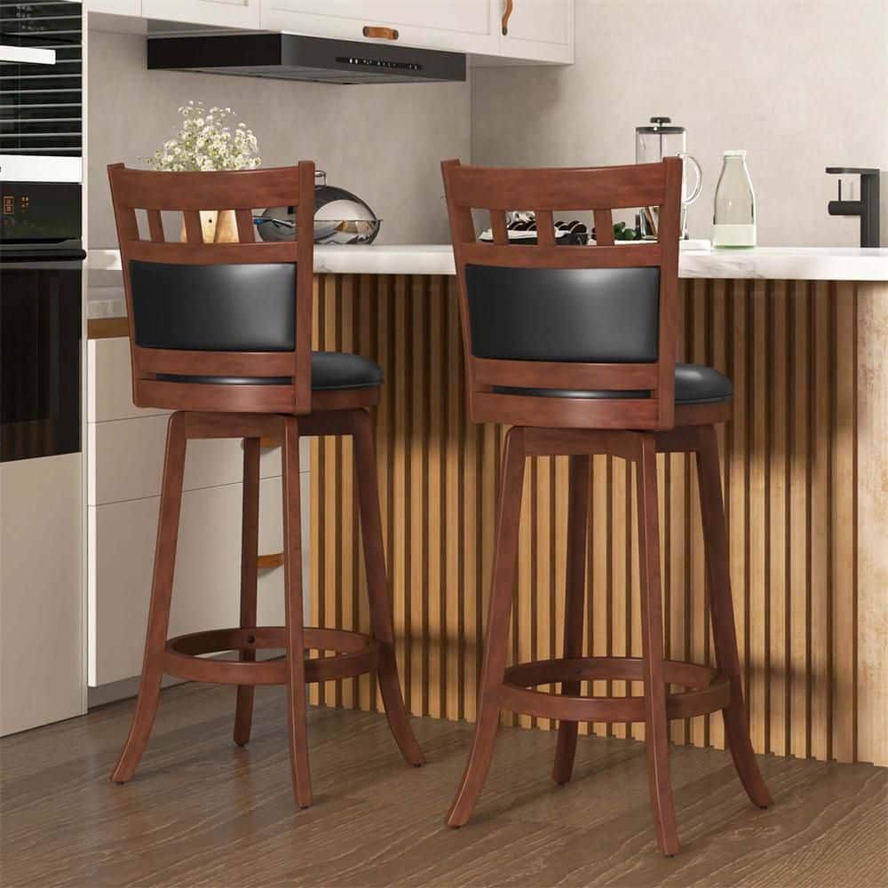 Costway Espresso Wood Swivel Bar Stools with Faux Leather Upholstered ...
