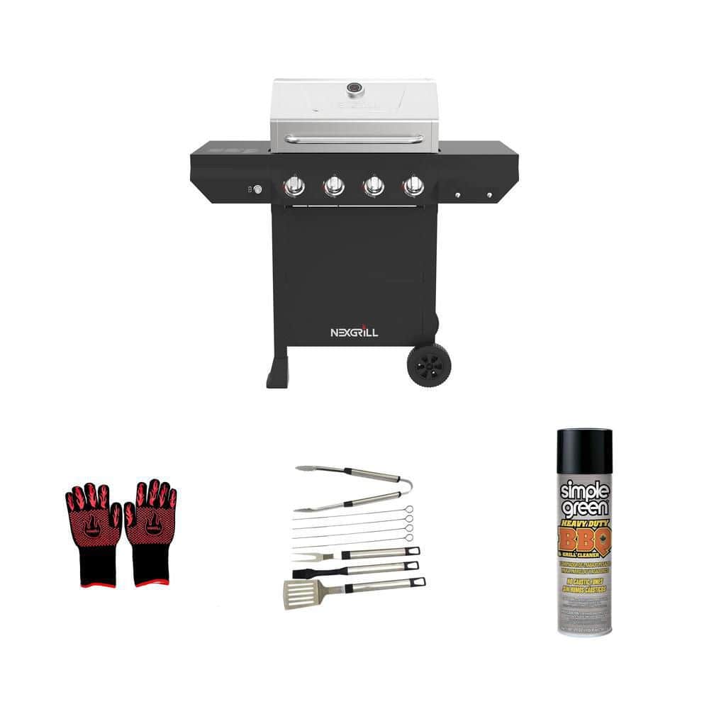 4-Burner Black Propane Grill with Cover, Heat Resistant Gloves, 8-Piece ...