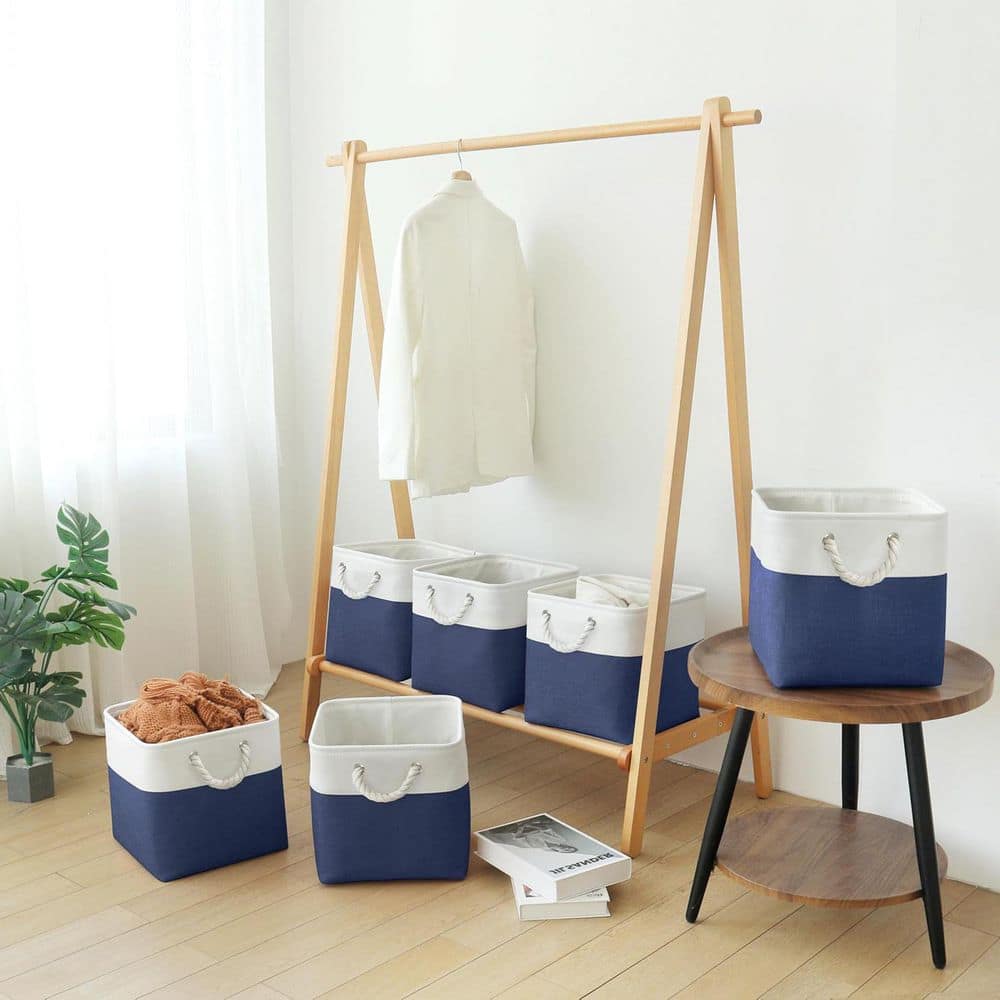 Blue 11 in. x 11 in. Linen Decorative Basket with Cotton Handles Set of ...