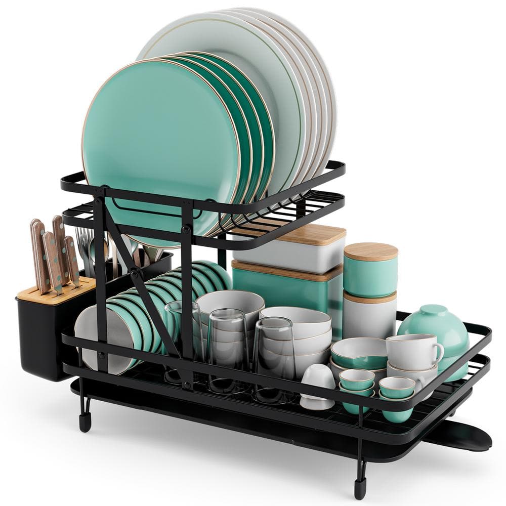 Costway Black Drying Dish Rack Collapsible 2 Tier Dish Rack and ...