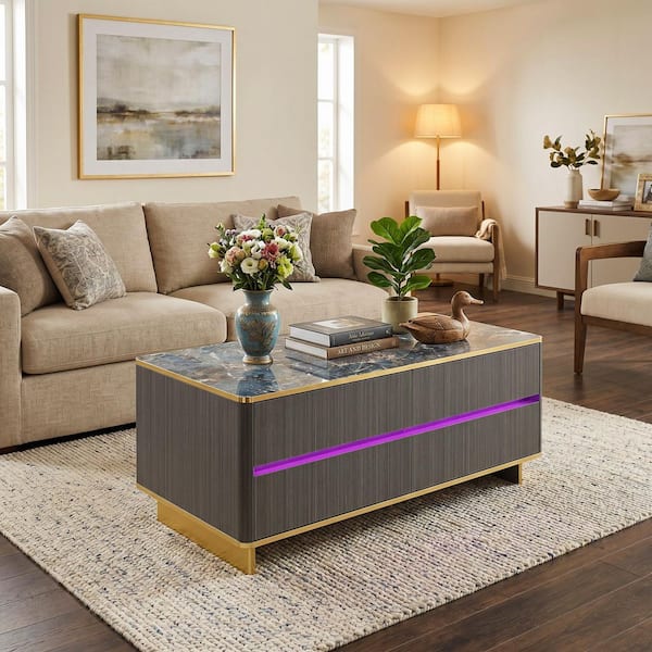 FUFU&GAGA 47.2 in. Gray Wood Grain Rectangle Wood Coffee Table, Side ...