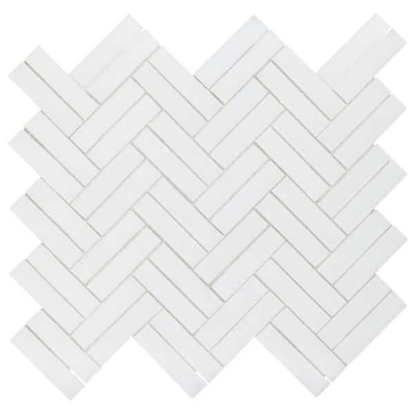 Ivy Hill Tile Rococo Herringbone White 4 in. x 0.12 in. Polished Glass ...