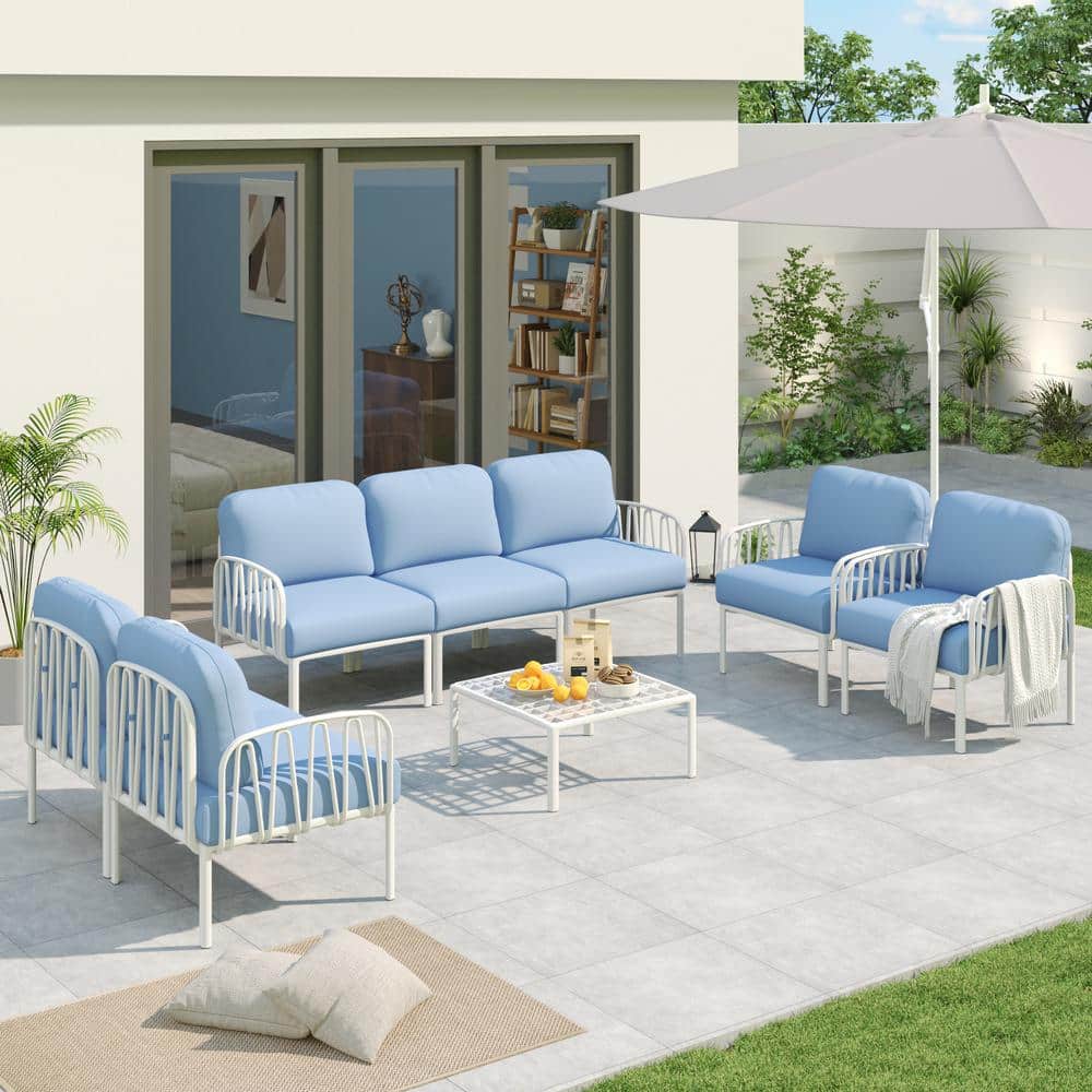Poteban Blue Resin Plastic Material 7-Person DIY Patio Conversation Set ...