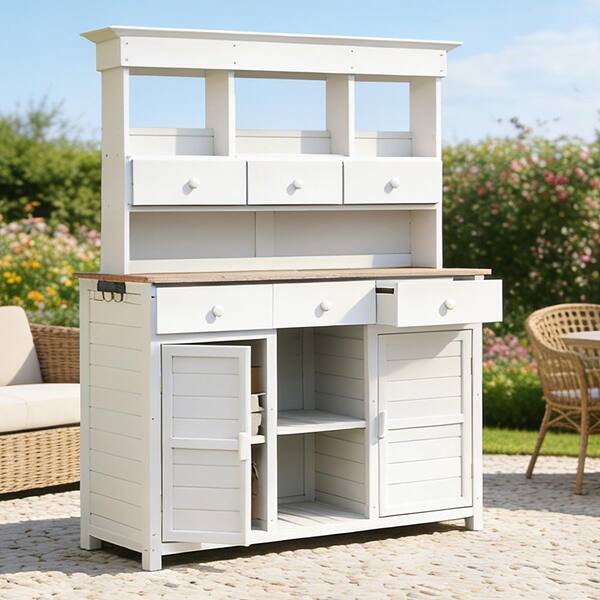 Coporesell 66 in. White Potting Bench Table Wood Workstation Storage ...