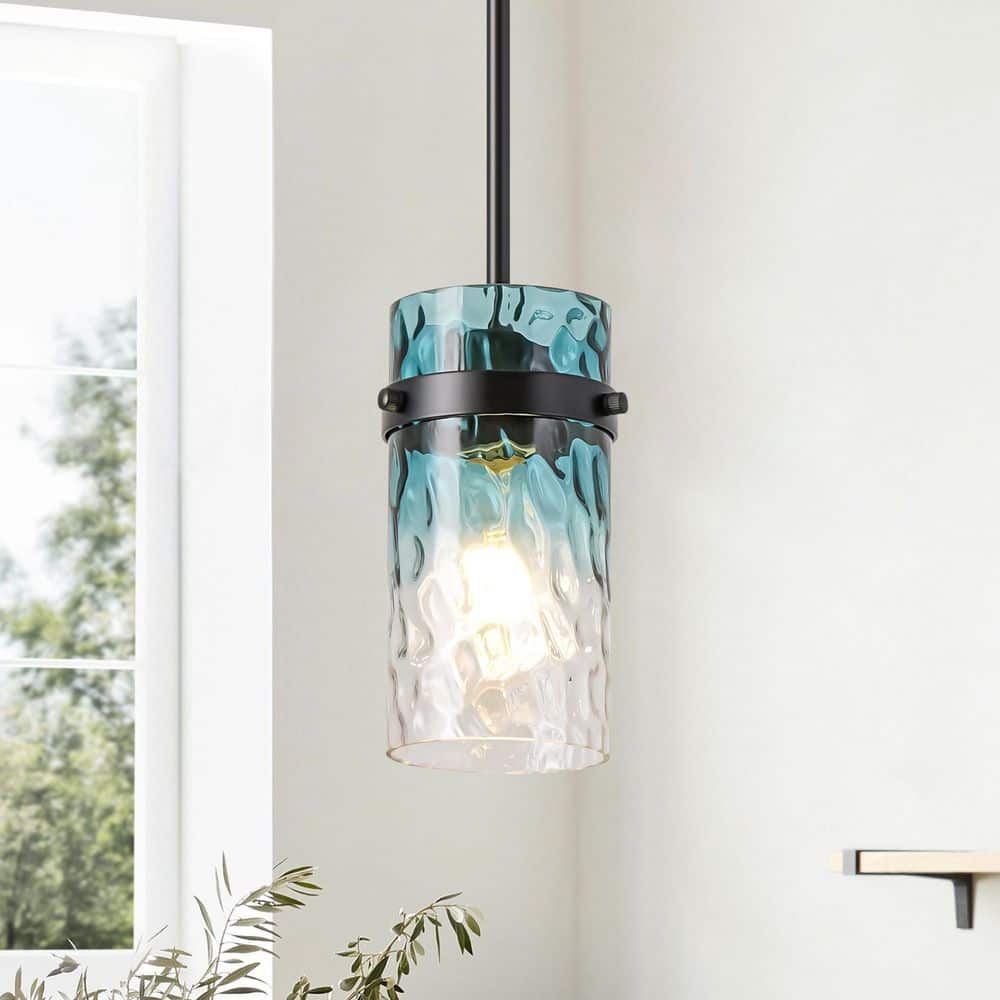 RRTYO Ori 1-Light Modern Black Cylinder Water Rippled Blue/Clear Glass ...