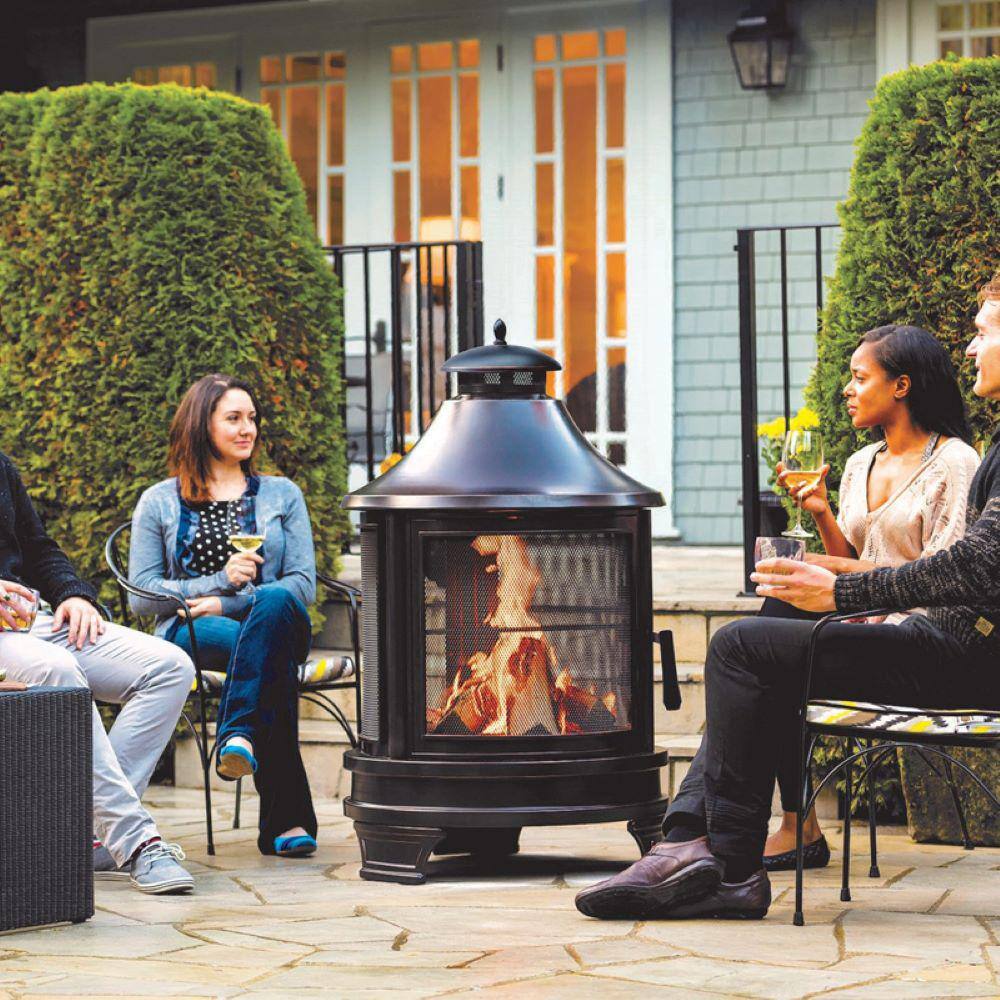 Cesicia 30 in. Black Round Metal Outdoor Fire Pit Table with Rotating ...