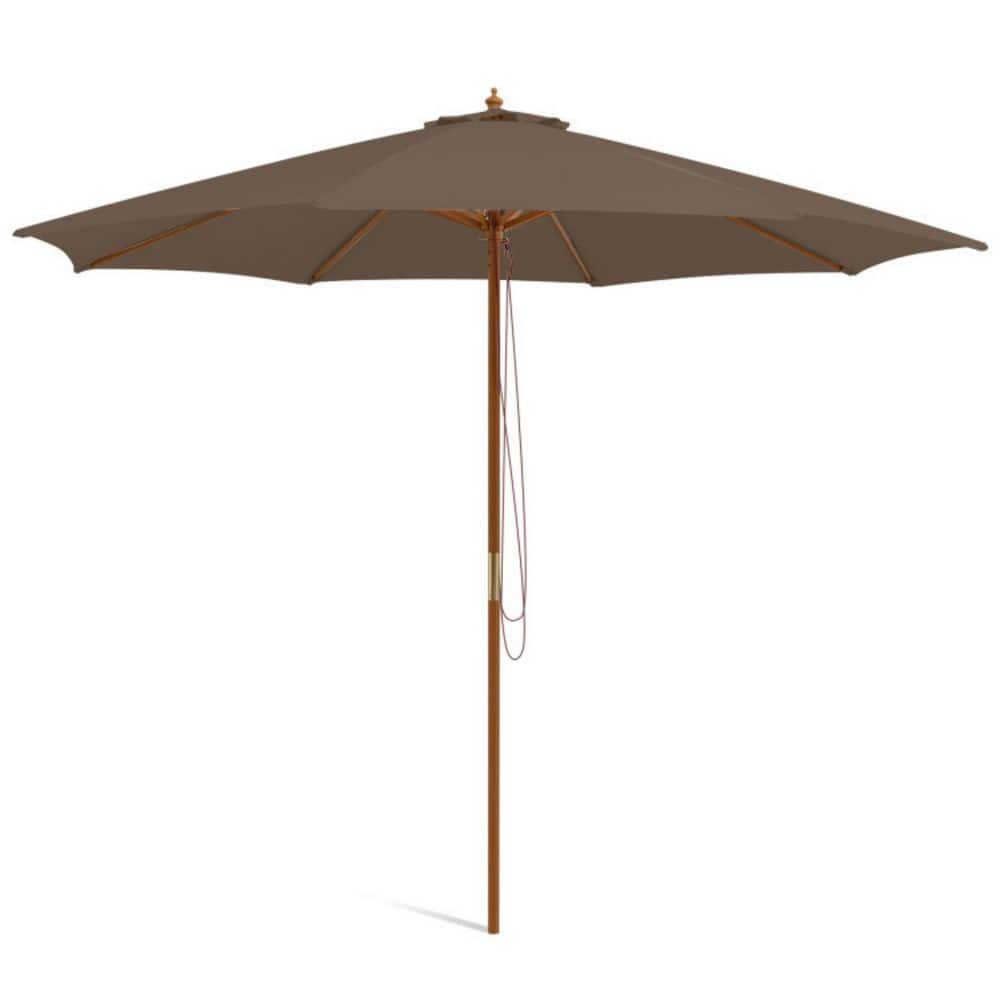 WELLFOR 10 ft. Wooden Market Patio Umbrella in Brown with Adjustable ...