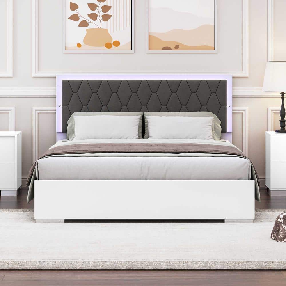 Polibi Modern White Wood Frame Queen Size Upholstered Platform Bed with ...