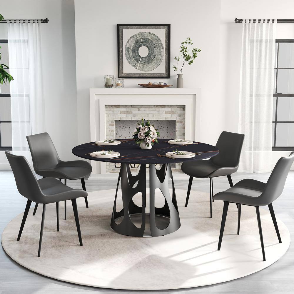 Magic Home 53.1 in. Black Round Sintered Stone Tabletop with Black ...