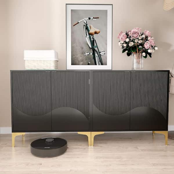 aisword Black Fluted Wood 31.7 in. Buffet Sideboard Cabinet with 2 ...