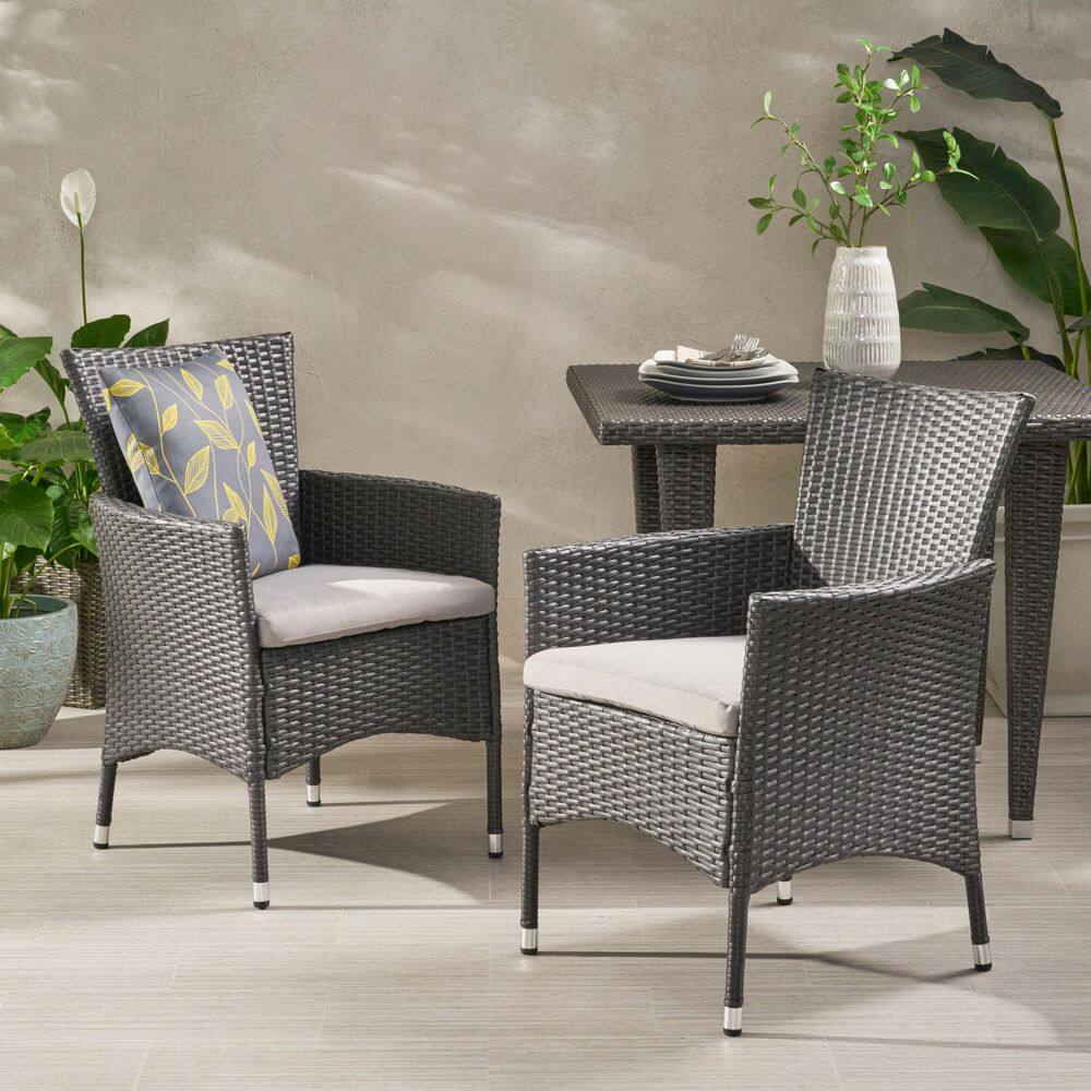 2-Piece Dark Gray Wicker Modern Outdoor Dining Chair with Beige ...