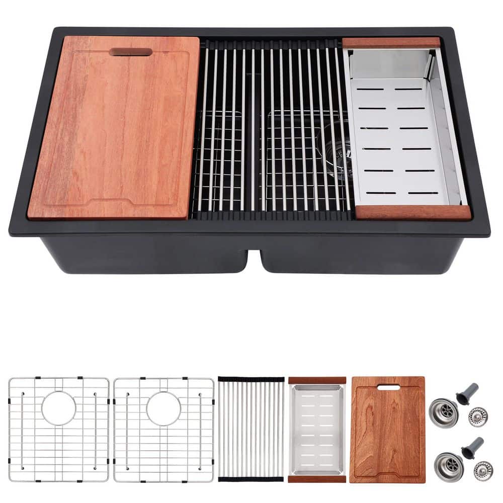 Fulorni 33 in. Undermount Matte Black Granite Composite Kitchen Sink,50 ...