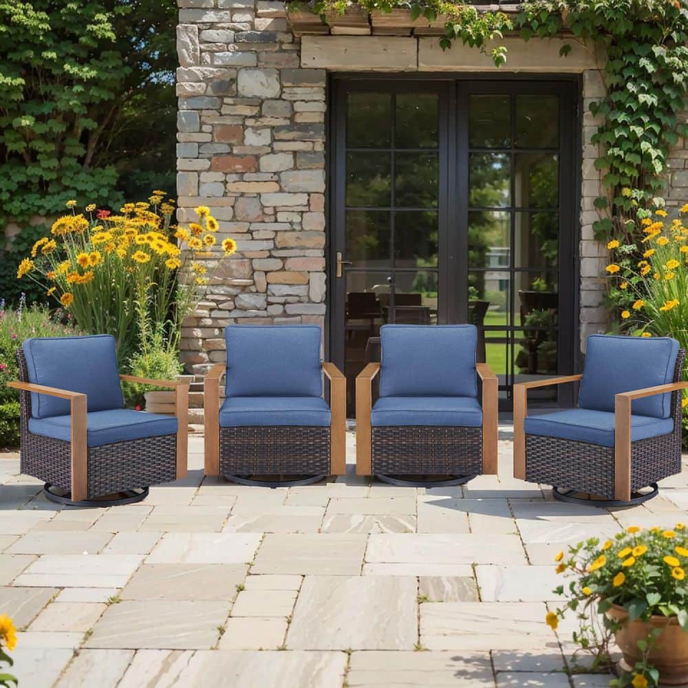 moosprr CubeEdge Brown Wicker Outdoor Swivel Glider with Blue Cushions ...