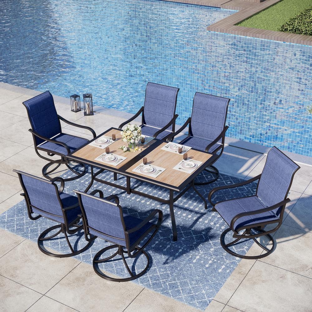 PHI VILLA Black 7-Piece Metal Outdoor Dining Set with Wood-Look Patio ...