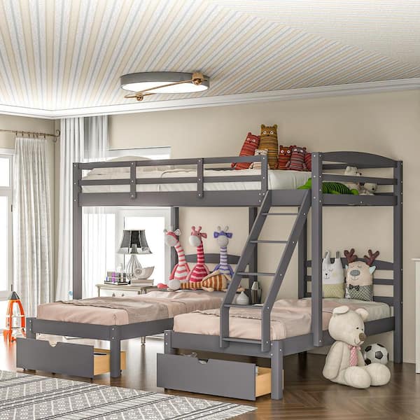 Angel Sar Angel Gray Full over Twin and Twin Bunk Triple Bunk Bed with ...