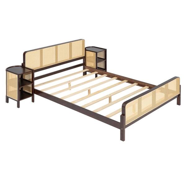 Qualler Walnut Brown Wooden Frame Full Size Platform Bed with Rattan ...