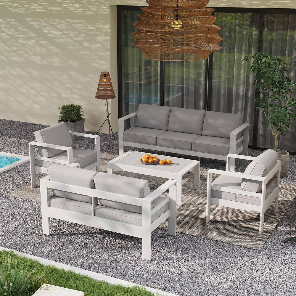 DIGITIME 5-Piece Outdoor Aluminum Patio Conversation Set with White ...