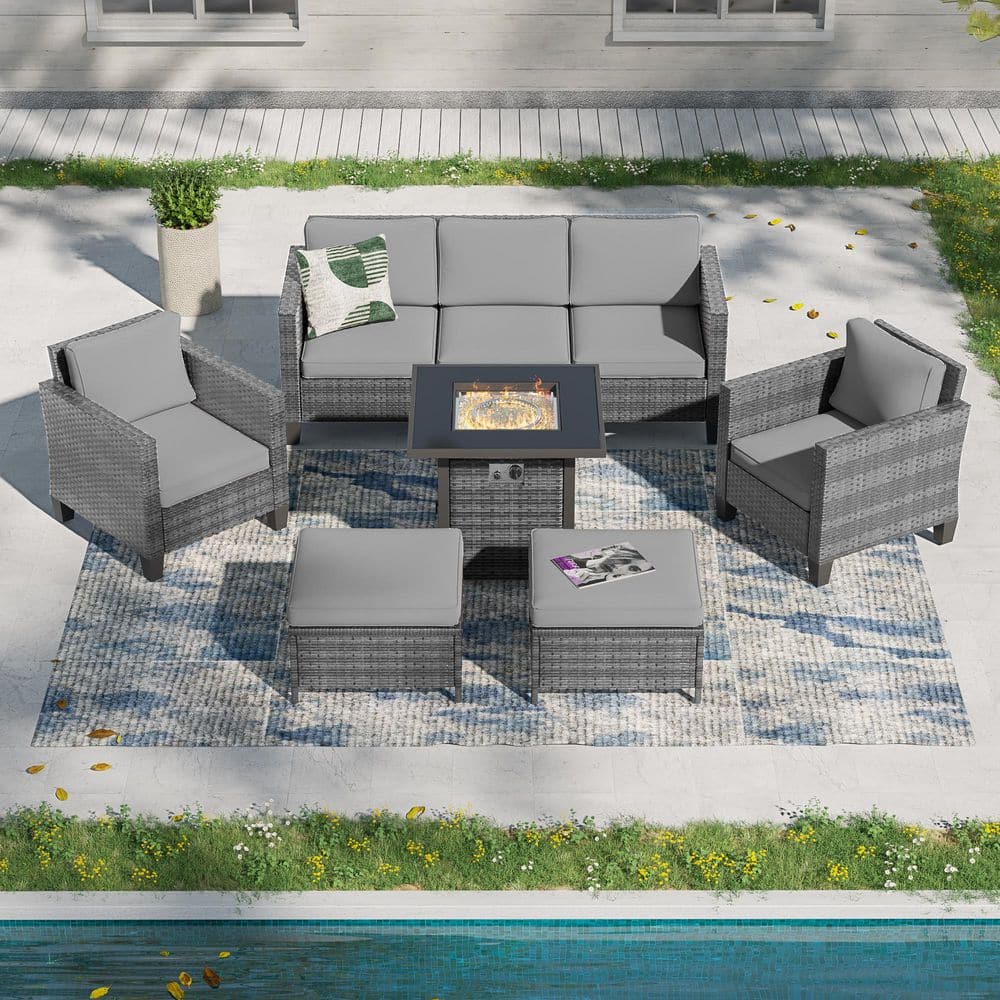 Sonkuki 6-Pieces Patio Conversation Set with Square Fire Pit Table and ...