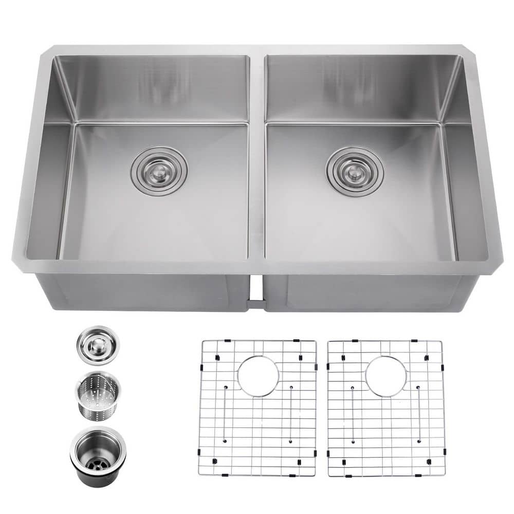 ALEASHA 33 in. Drop-In 50/50 Double Bowl 16-Gauge Brushed Nickel ...