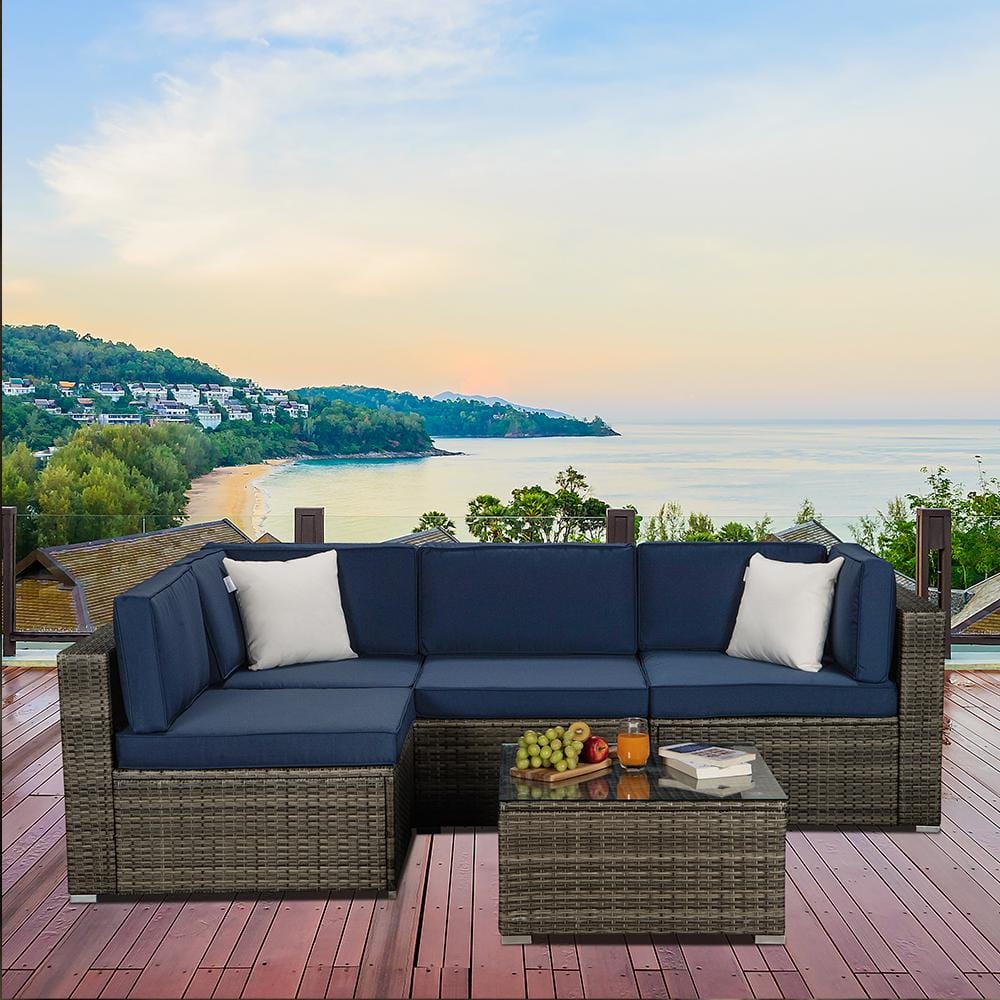 Tunearary Blue Rattan 5- Piece Wicker Outdoor Sectional Set Patio ...