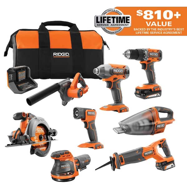 RIDGID 18V Cordless 8-Tool Combo Kit with 2.0 Ah Battery, 4.0 Ah ...