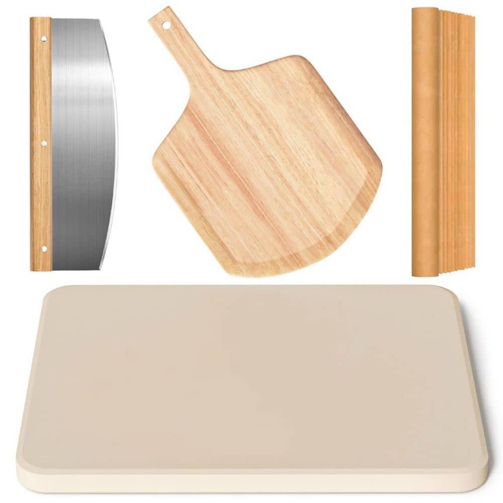 Numhew 4-Piece 15 in. x 12 in. Rectangular Pizza Stone Set with Pizza ...