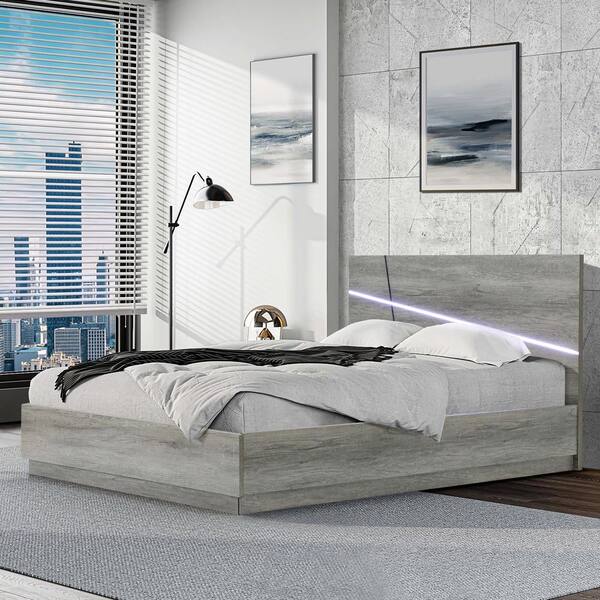 LuxenHome Modern Gray Queen Platform Bed Headboard and Frame Set with Lights