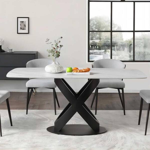 ANGELES HOME Solid Black Sintered Stone Tabletop 63 in. Carbon Steel ...