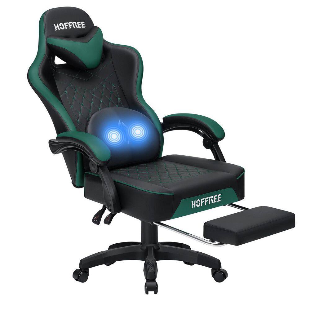 Hoffree Faux Leather Reclining Ergonomic Gaming Chair in Green with ...