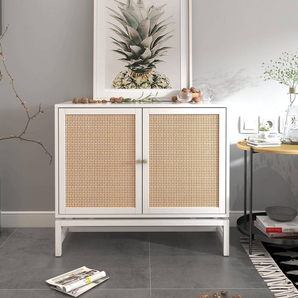 Tileon Natural Rattan 2-Door Cabinet, with 1-Adjustable Inner Shelves ...