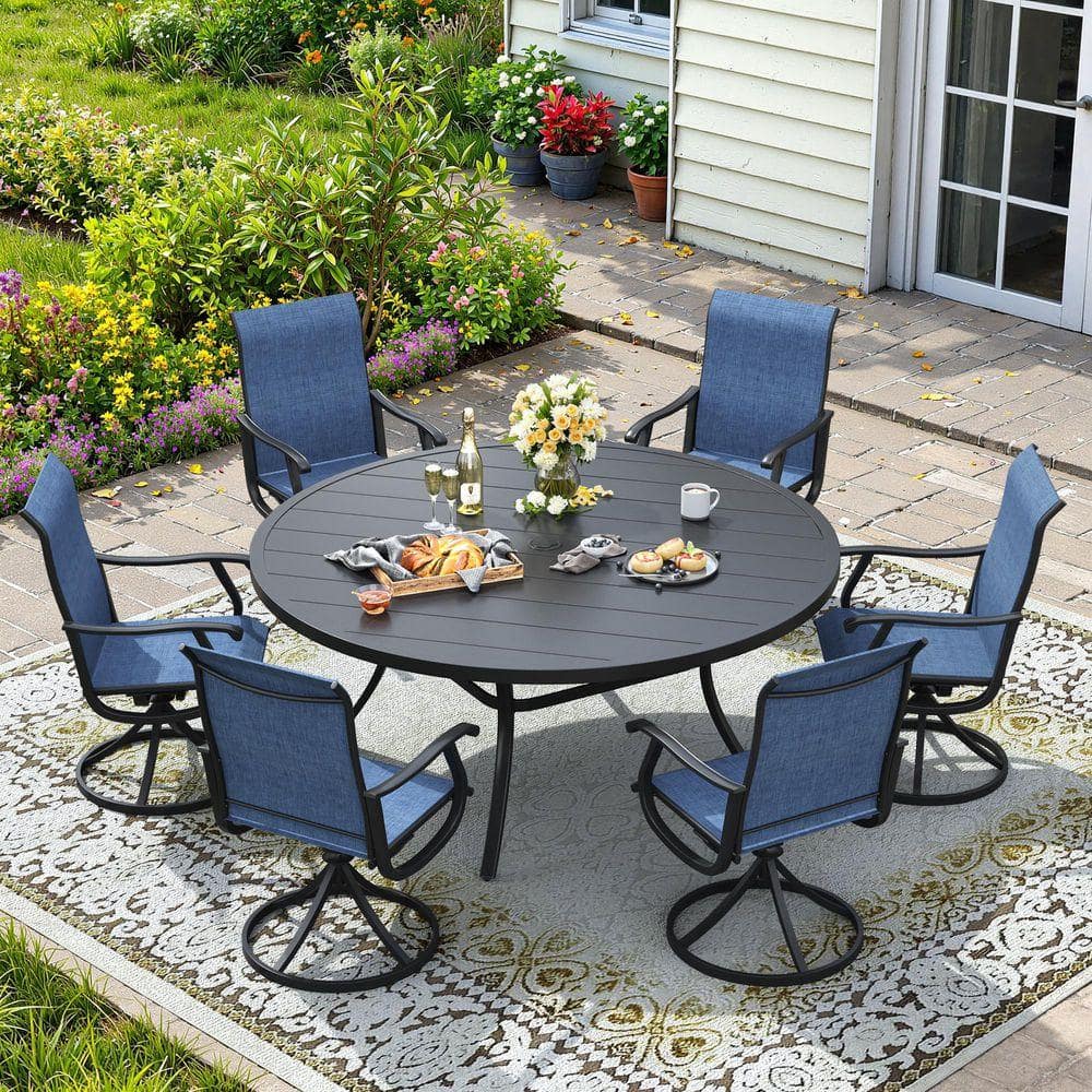 vicllax 7-Piece Metal Patio Dining Set with Black Round Dining Table ...