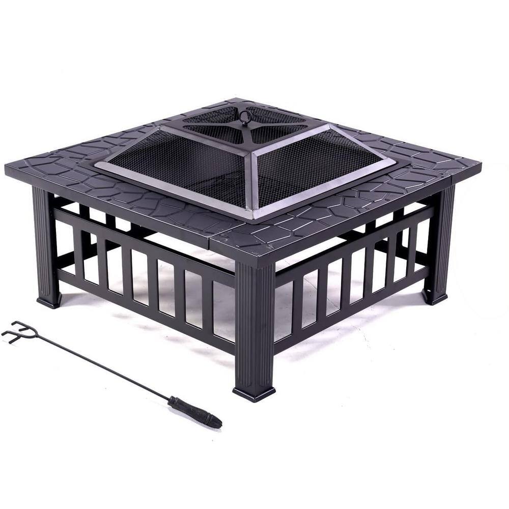 UPLAND 32 in. Outdoor Square Metal Wood Burning Fire Pit Table In Black ...
