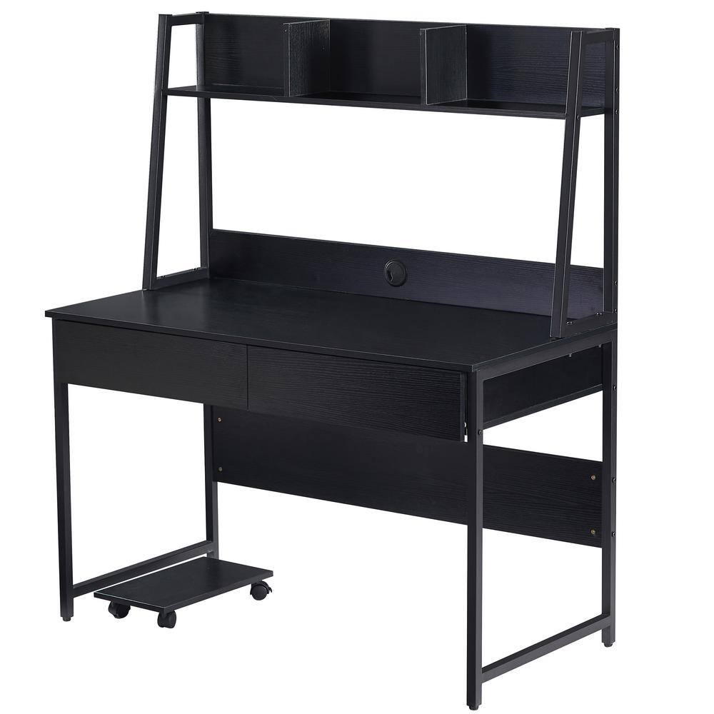 Kahomvis 47.24 in. Rectangular Black Wood 2-Drawer Computer Desk for ...