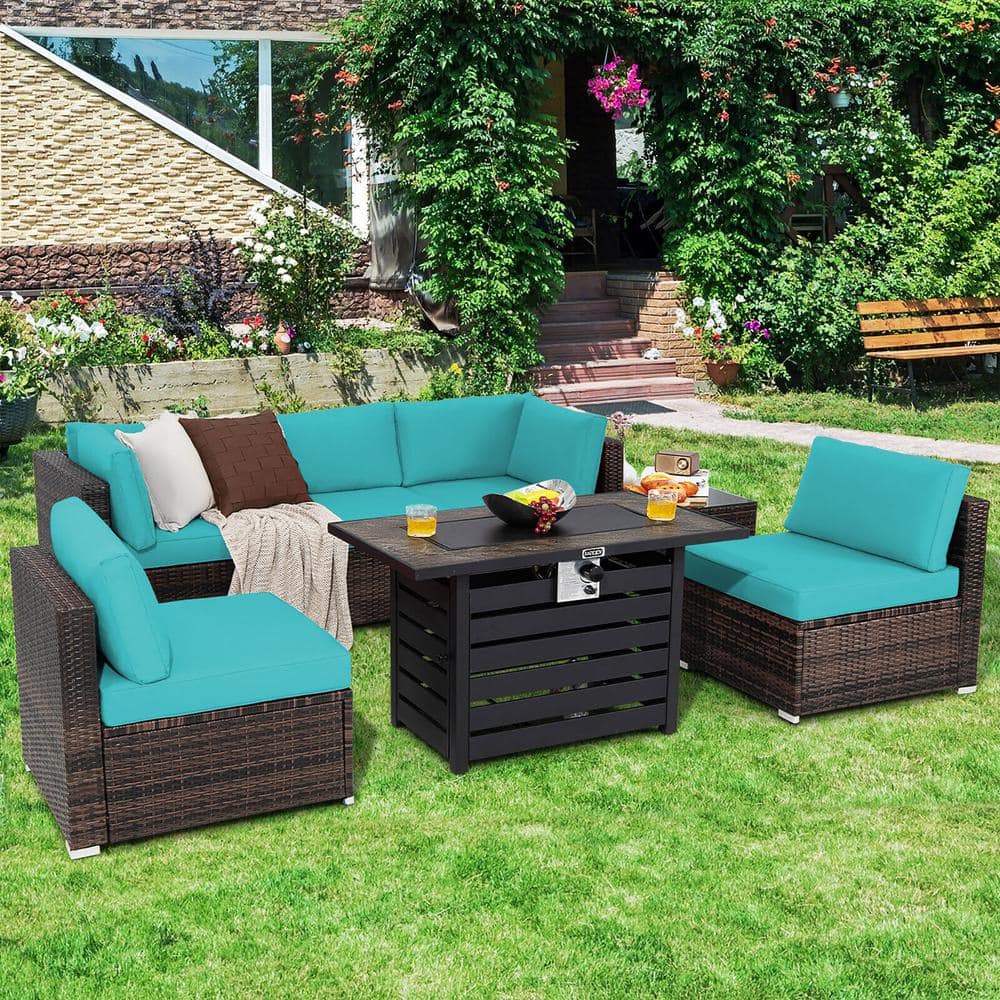 Gymax 7-Pieces Patio Rattan Furniture Set 42 in. Fire Pit Table with ...