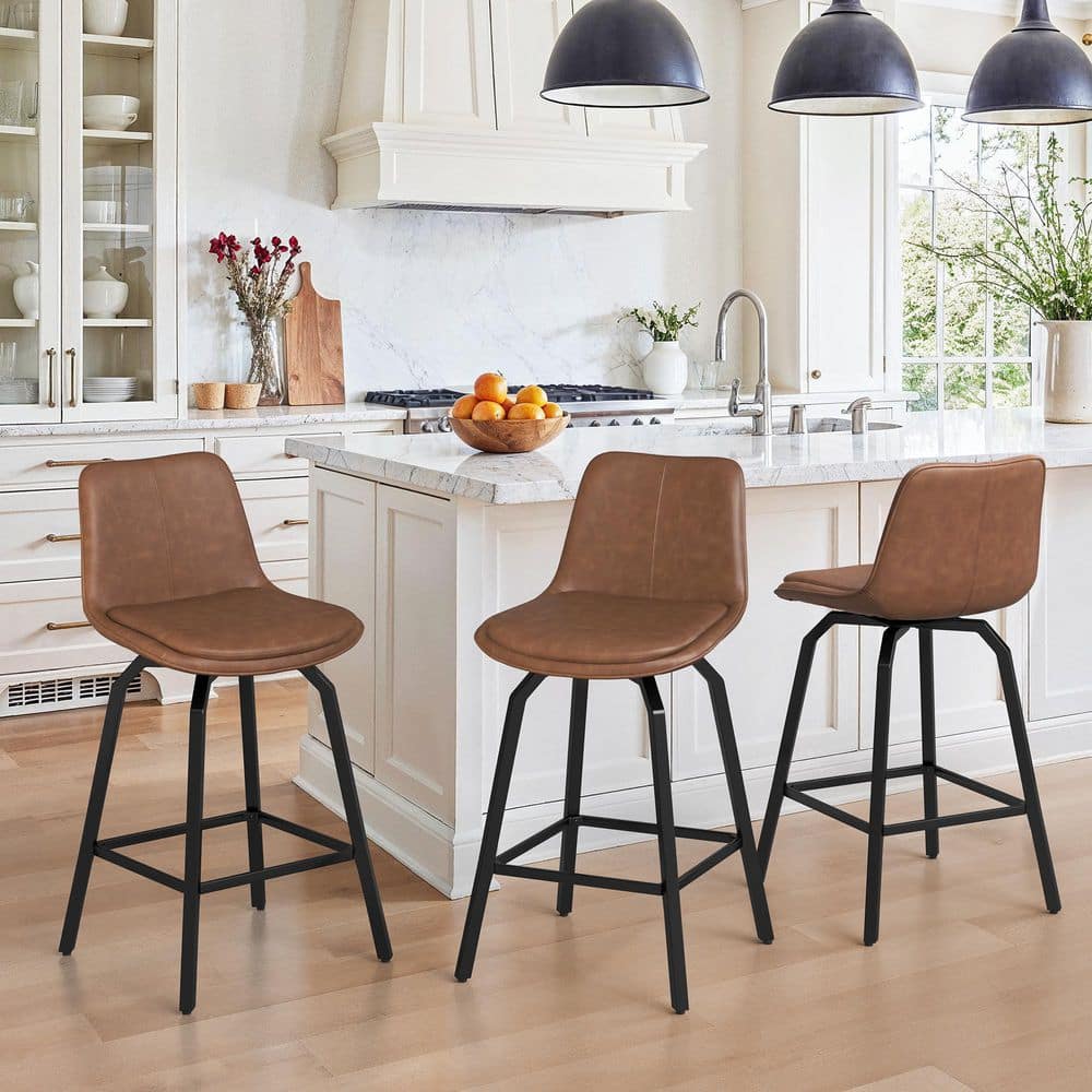 OrangeOne 37 in. YANNIS Brown Faux Leather Swivel Bar Stool Metal Frame ...