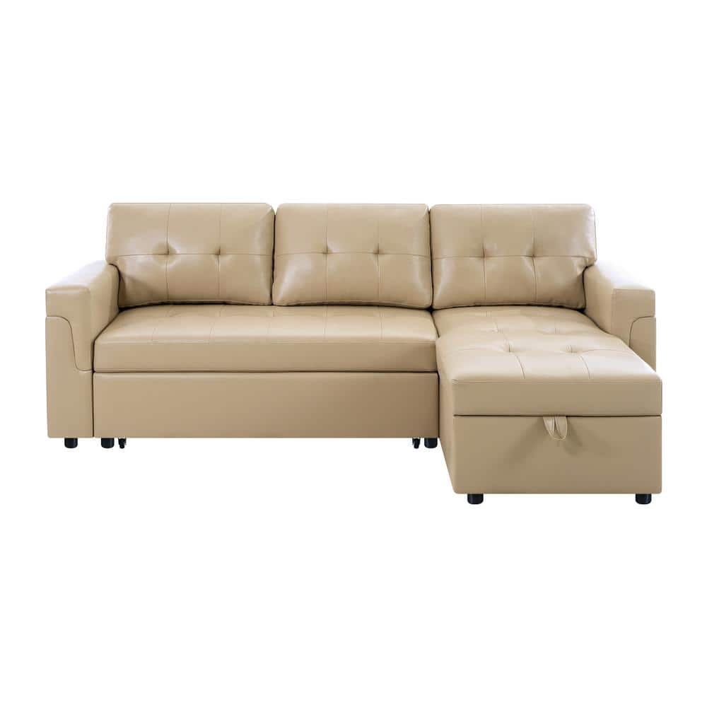 HOMESTOCK 84.64 in. Faux Leather L-Shaped Sleeper Sectional Sofa with ...