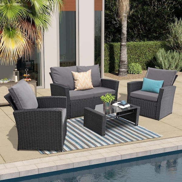Zeus & Ruta 4-Piece Black Outdoor Wicker Conversation Sets with Gray ...