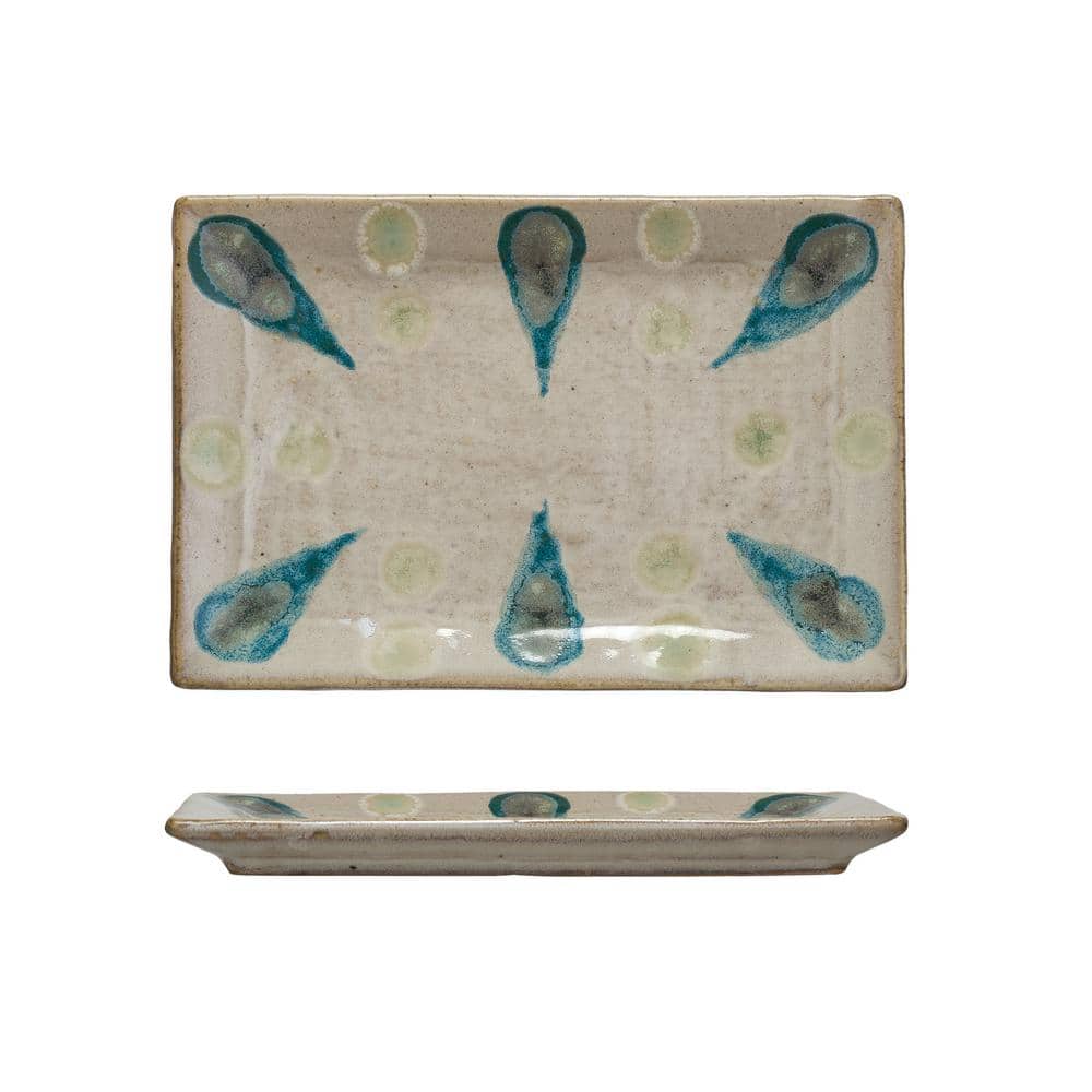 Storied Home 9.3 in. Green & Blue Geometric Stoneware Rectangle Serving ...