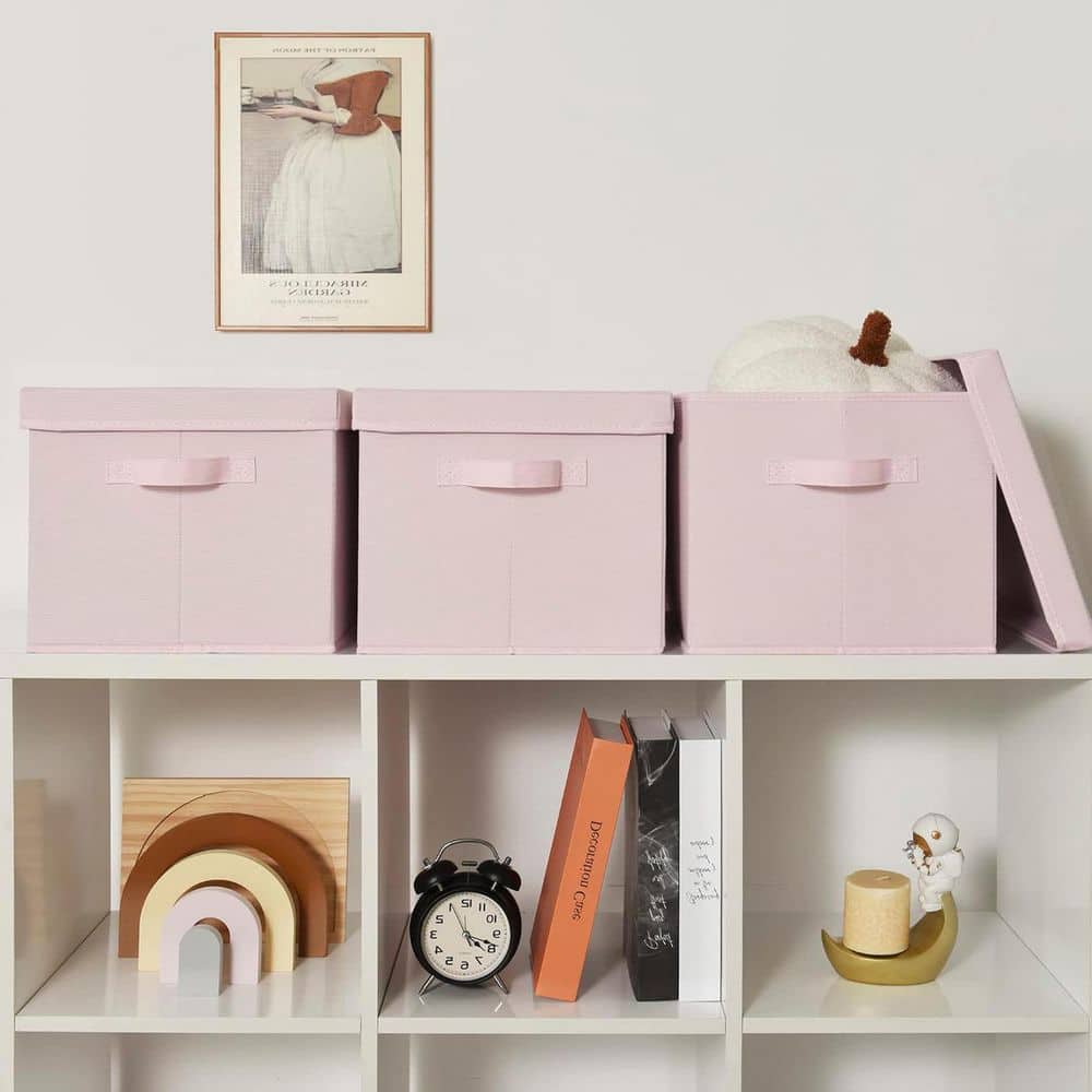 Pink 15.8 in. x 10.5 in. Fabric Decorative Basket (Set of 3) with ...