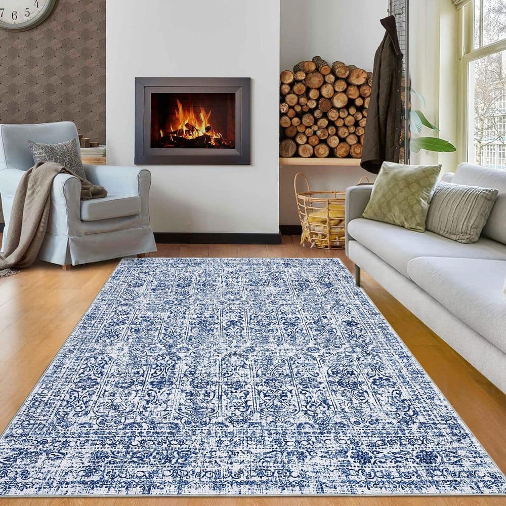Blue 6 ft. x 9 ft. Vintage Floral Carpet Short Pile Neutral Soft Rug ...