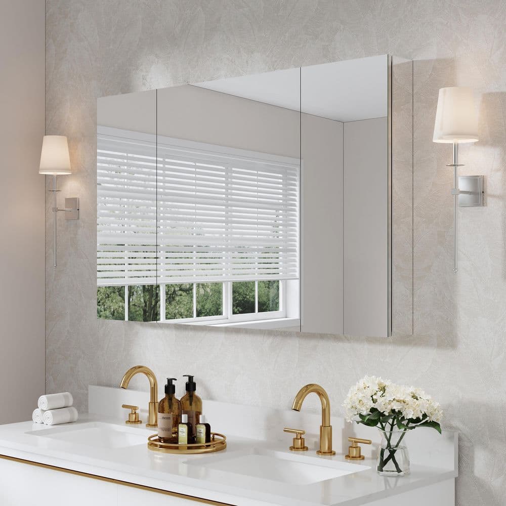 WELLFOR ROSA 48 in. W x 30 in. H Rectangular Tri-View Aluminum Medicine ...