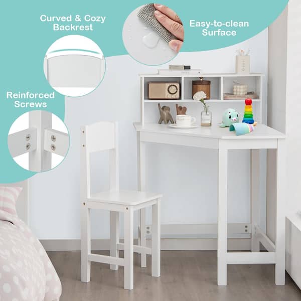 Costway 2 Piece Kids Wood Top White Corner Desk and Chair Set Wooden Study Writing Workstation with Storage and Hutch JU 10N118IT The Home Depot