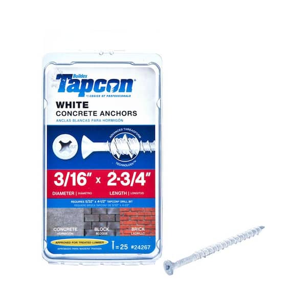 Tapcon 3/16 in. x 2-3/4 in. White Ultrashield Phillips Flat-Head Concrete Anchors (25-Piece ...