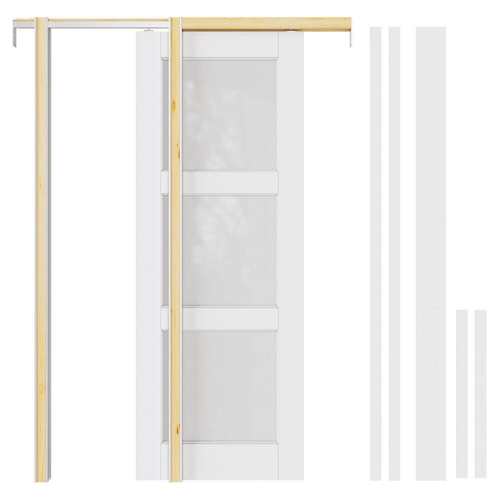 ARK DESIGN 32 in. x 80 in. 3-Lite Frosted Glass Primed White Wood ...