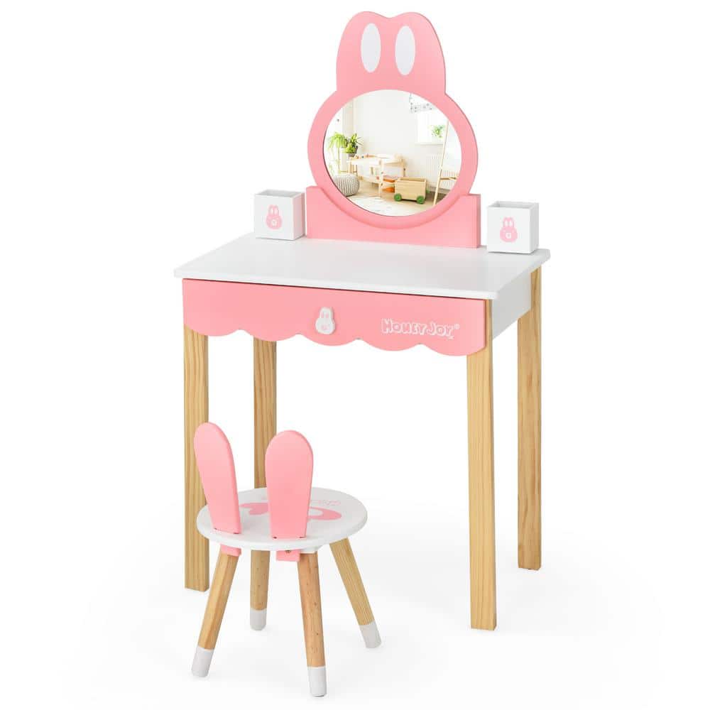 Costway Kids Vanity Table Chair Set with Rabbit Mirror Storage Drawer