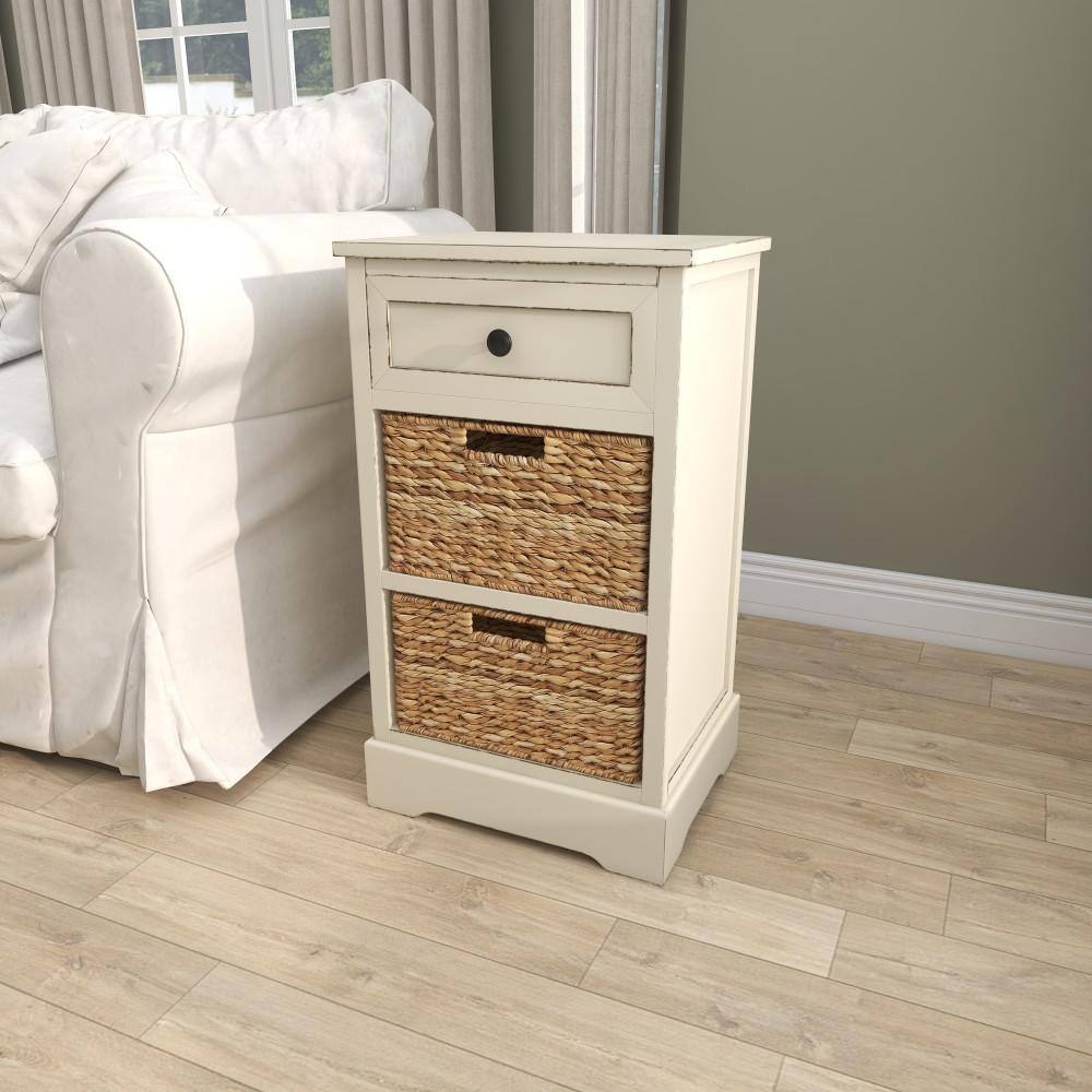 Litton Lane 2 Baskets and 1 Drawer Wood Stationary White Storage Unit 96188 The Home Depot