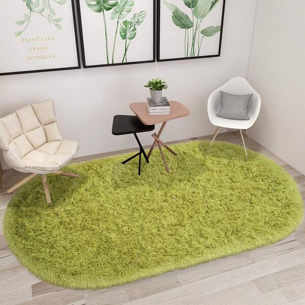 Green 2.6 ft. x 5.3 ft. Oval Fluffy Ultra Soft Carpet Area Rug HP0YLD40 ...