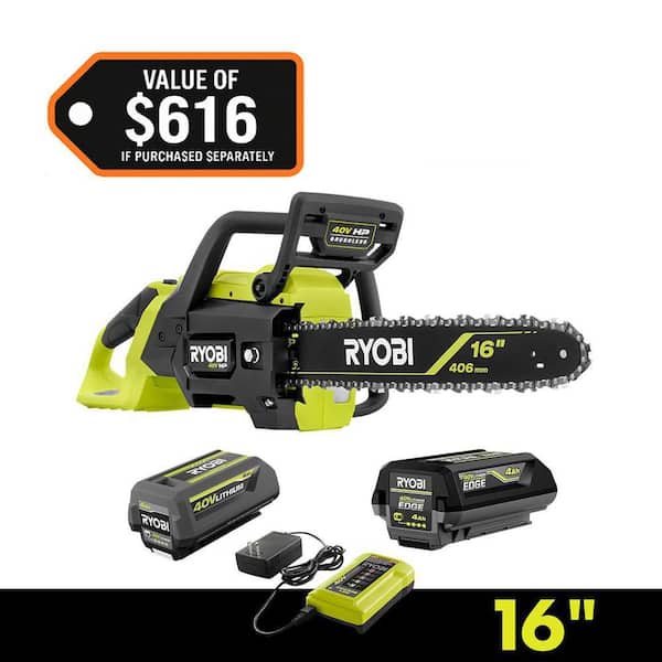 RYOBI 40V HP Brushless 16 in. Battery Chainsaw with 4.0 Ah Battery, 4.0 ...