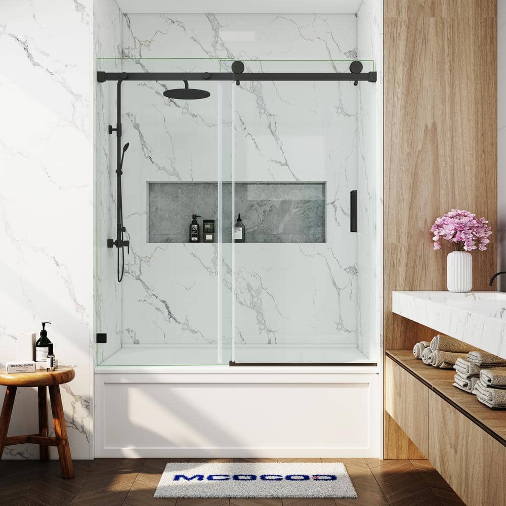 Mcocod 60 In W X 66 In H Single Sliding Frameless Reversible Tub Door In Matte Black With 38
