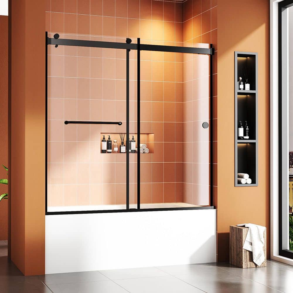 Onesead 55 to 60 in. W x 56 in. H Sliding Tub Door in Black with ...